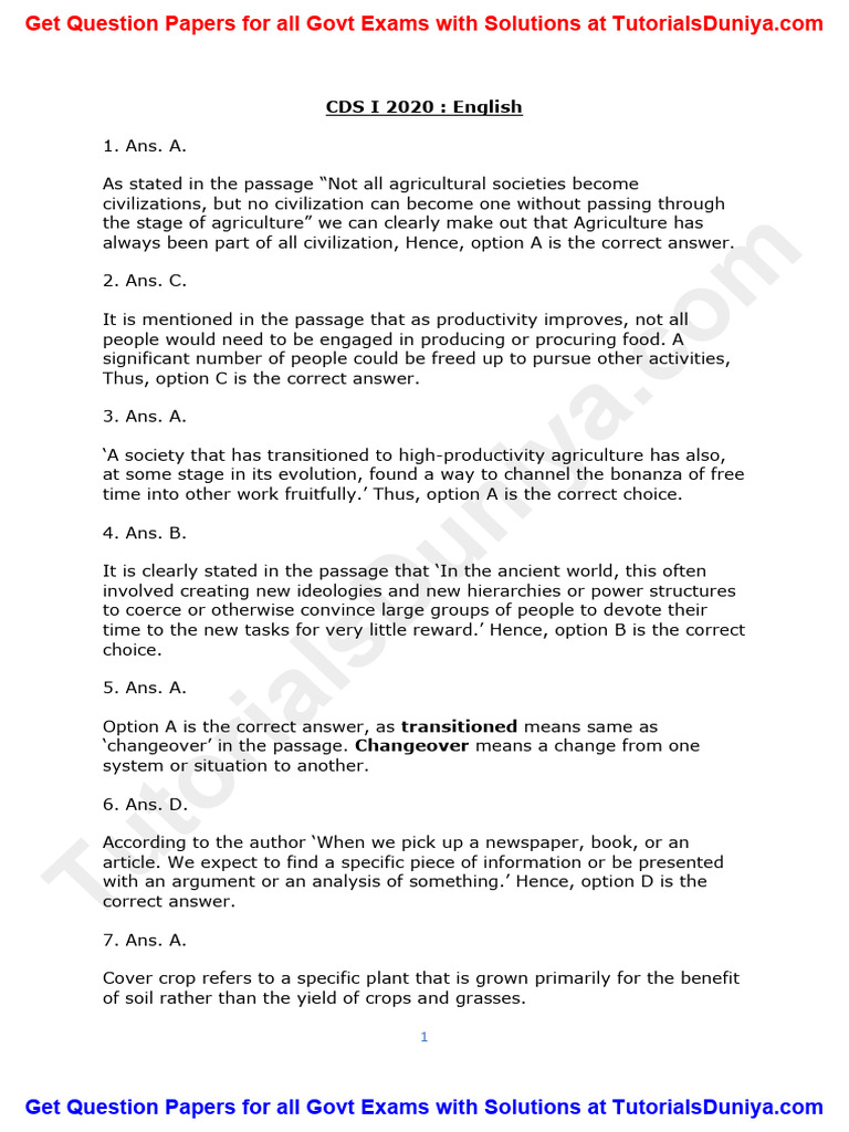 CDS 2020 English Question Paper Analysis | PDF | Verb | Grammatical Tense
