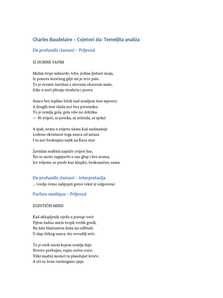 Baudelaire Cvjetovi Zla ANALIZA Bez de Profundis | PDF