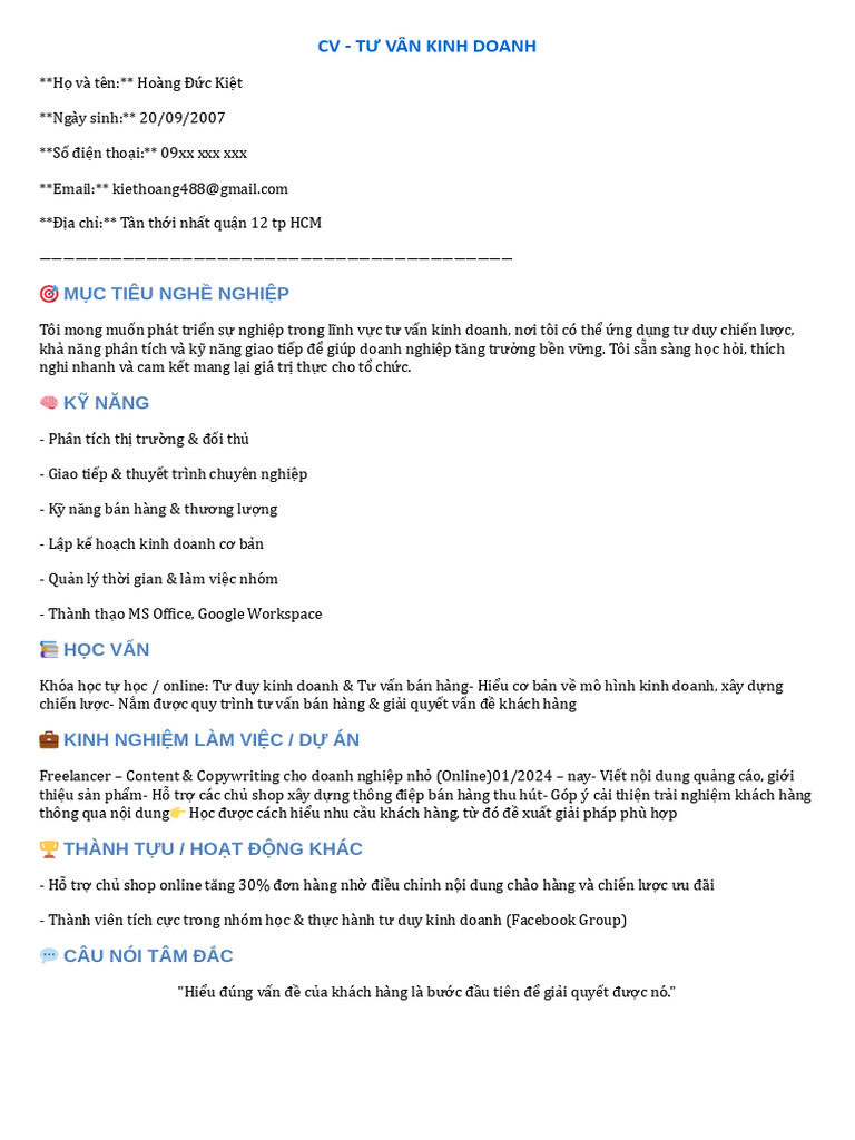 CV Hoang Duc Kiet Tu Van Kinh Doanh PDF | PDF