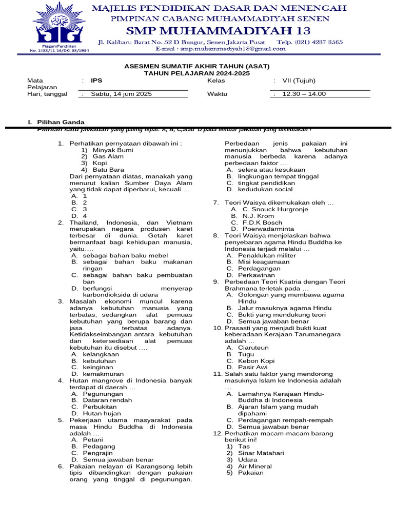 Soal Asat Ips 7 Siap Print 2025 | PDF