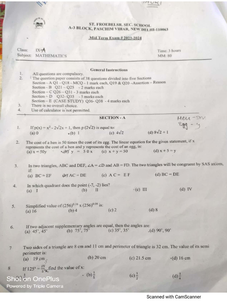 Class IX Maths HY 2023-24 | PDF
