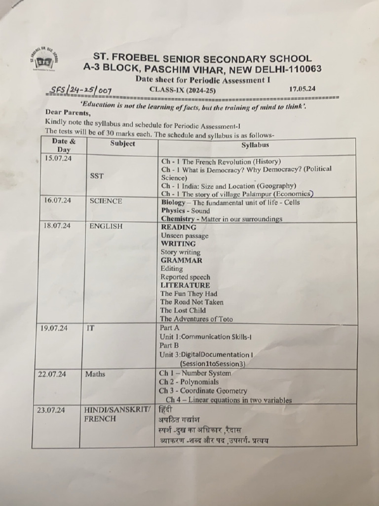 Class 9 Datesheet pt1 24 | PDF