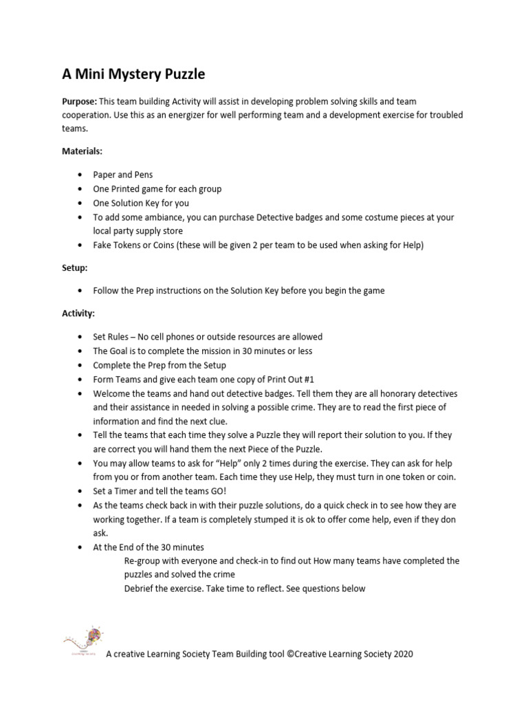 Mini Mystery Puzzle Team Building Activity | PDF