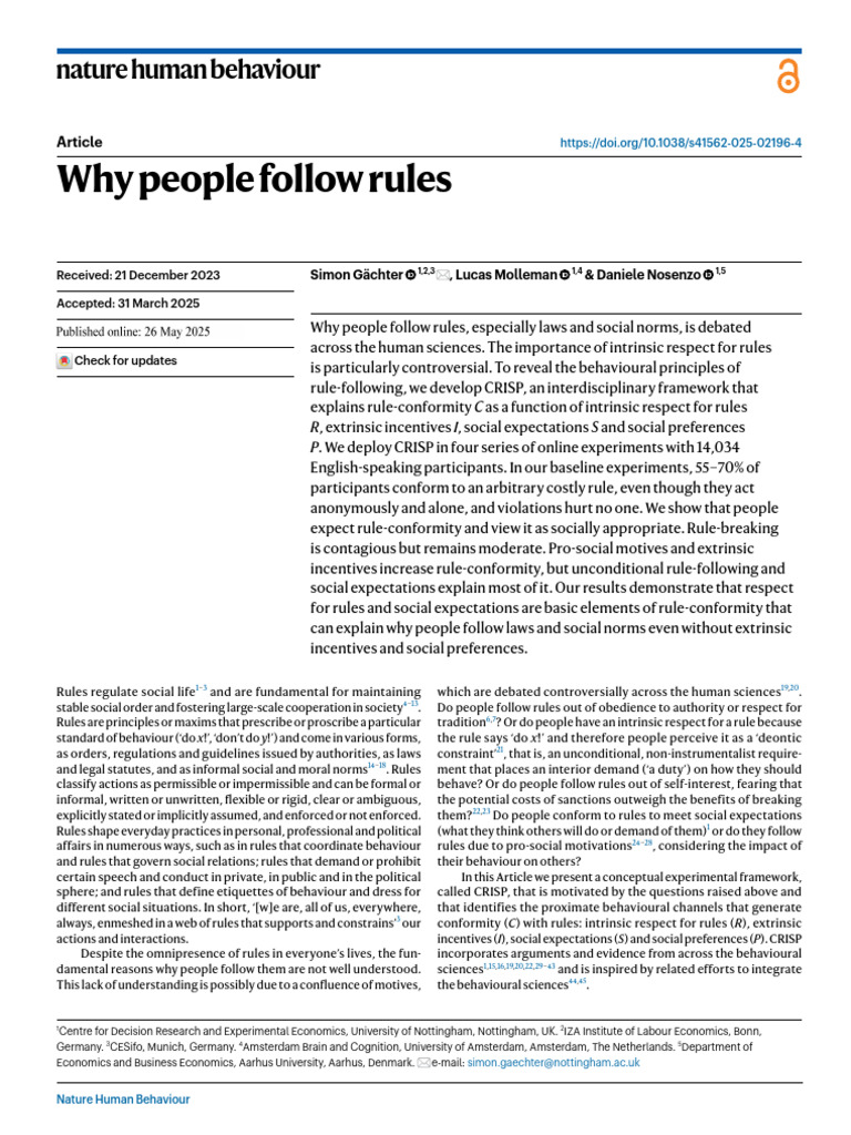 Why People Follow Rules: Nature Human Behaviour | PDF | Incentive ...