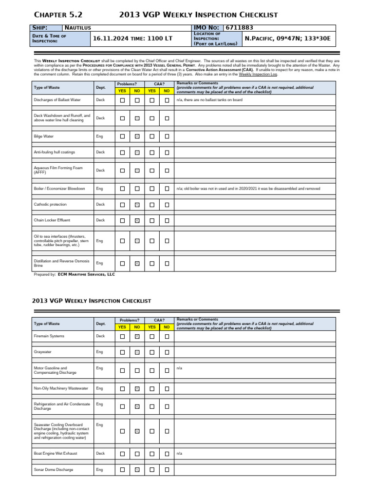 Chapter 5.2 - VGP Weekly Inspection Checklist | PDF | Ships | Water ...