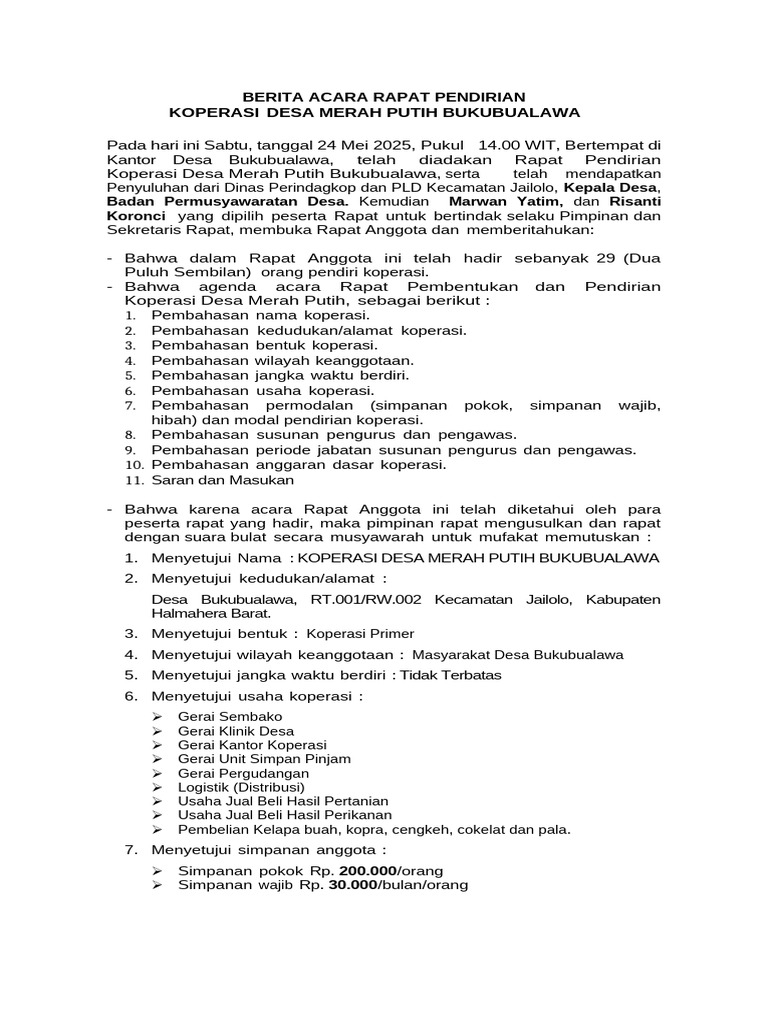 Draft Berita Acara Pendirian Kopdes Merah Putih_Halbar | PDF