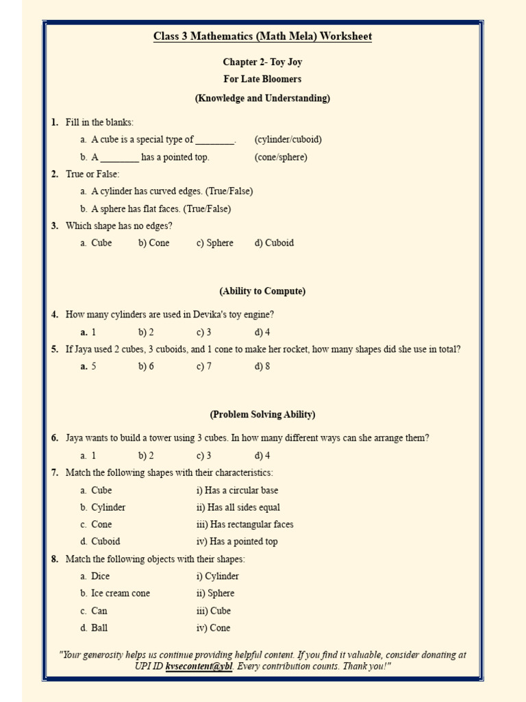 Class 3 Toy Joy Maths Worksheet | PDF | Volume | Sphere