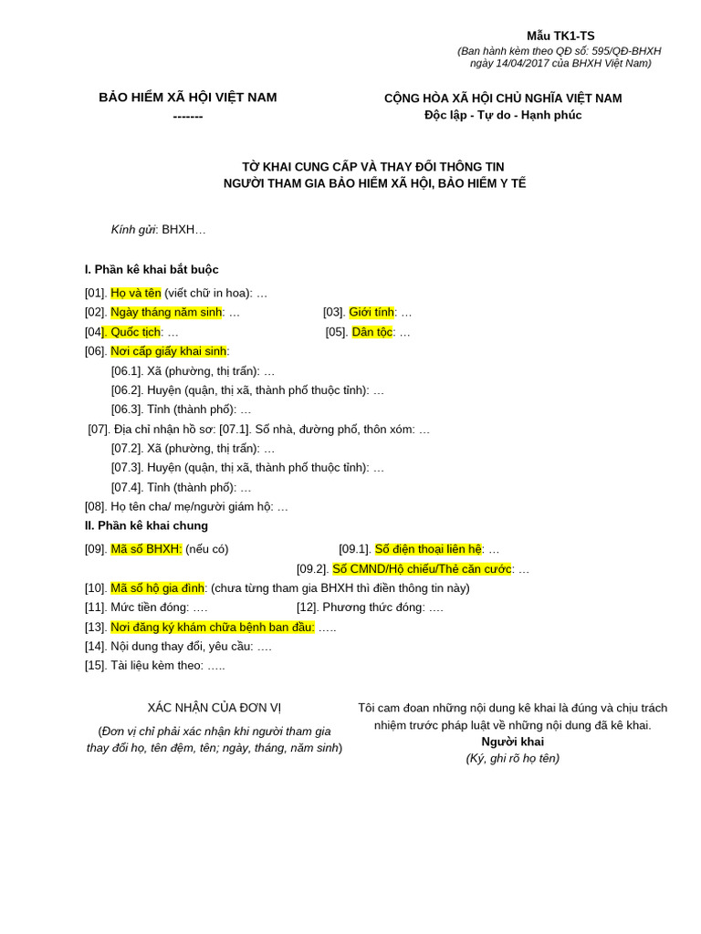 Tk1ts - 595 - T Khai Dki BHXH | PDF