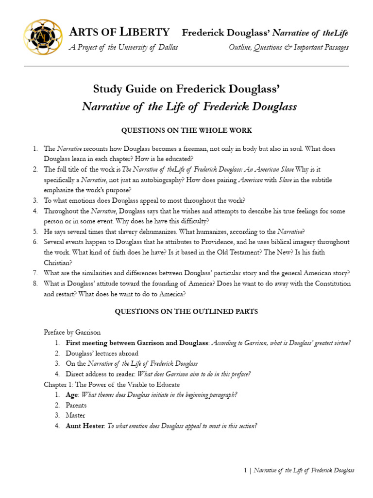Narrative of The Life of Frederick Douglass Study Guide | PDF ...