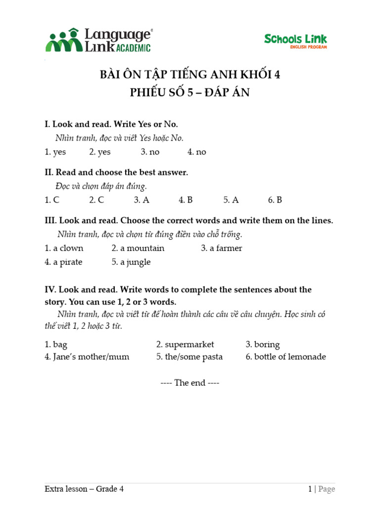 LLV - Extra Lessons - Grade 4 - Lesson 5 - Key | PDF