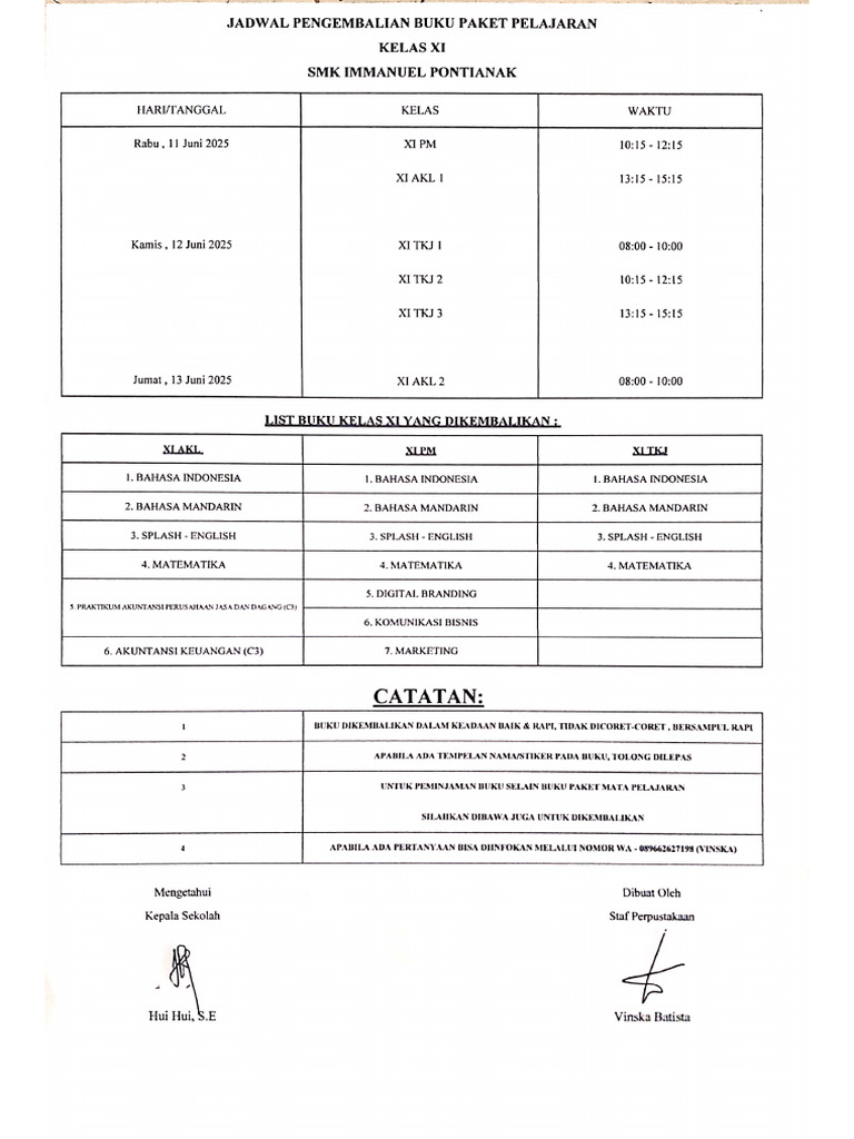 Jadwal Pengembalian Buku Kelas 11 | PDF
