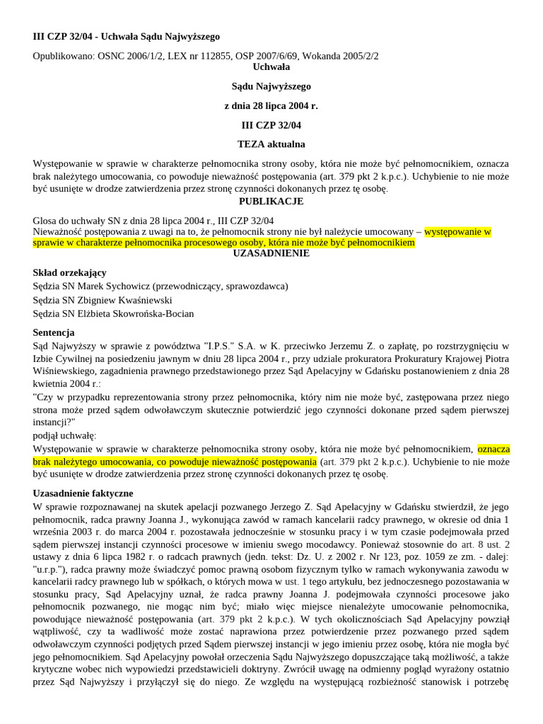 III CZP 32/04 - Uchwała Sądu Najwyższego Uchwała Sądu Najwyższego Z Dnia 28 Lipca 2004 R. III ...