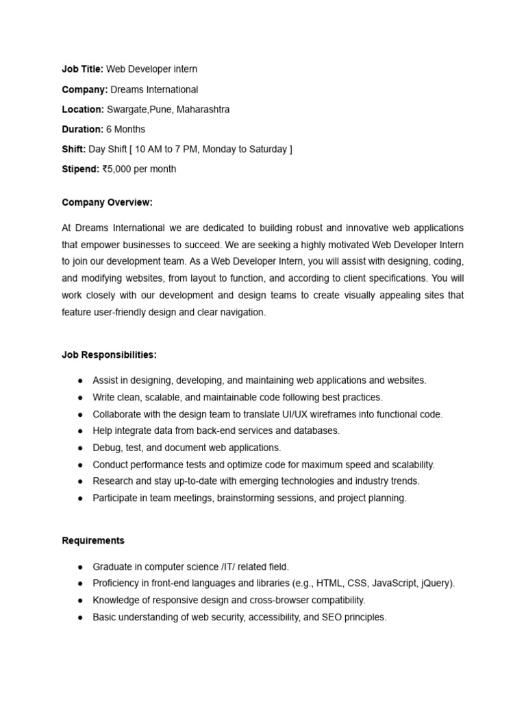 Web Developer Internship JD | PDF