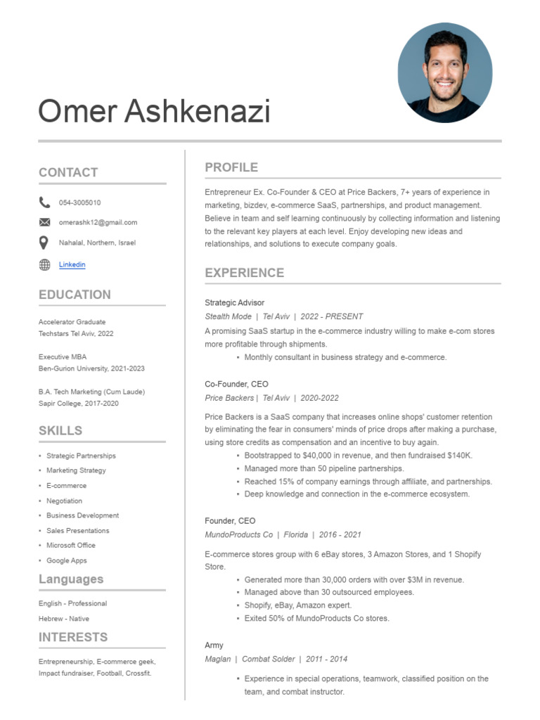 Omer Ashkenazi CV 2022 | PDF | Entrepreneurship | E Commerce
