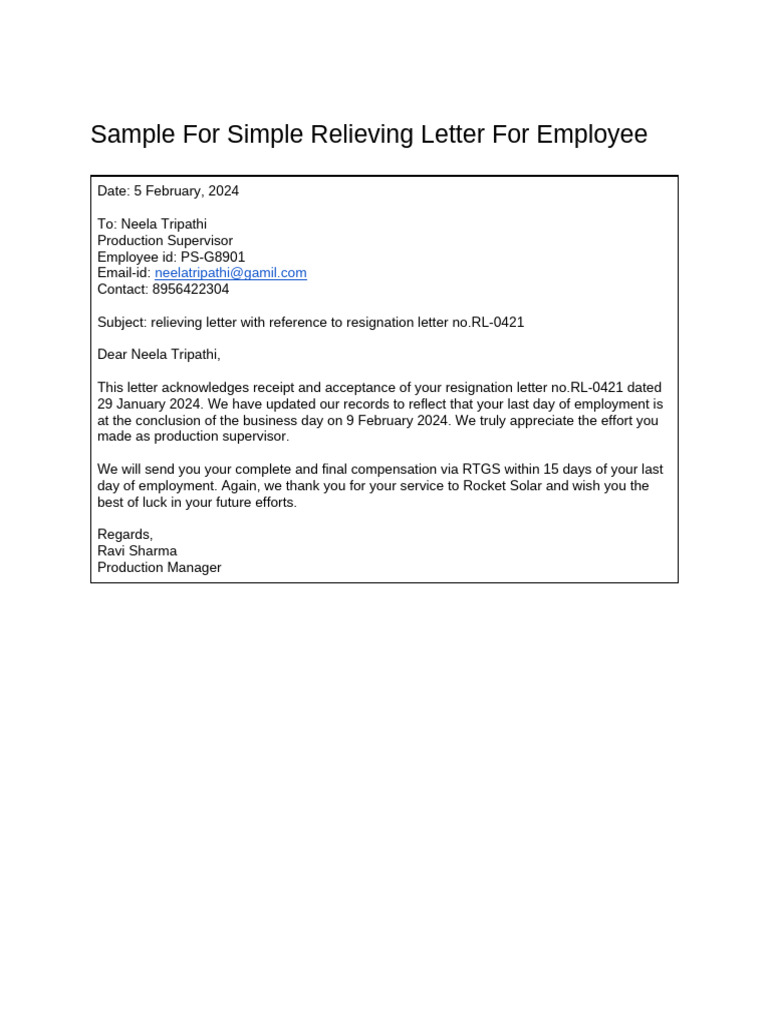 Simple Employee Relieving Letter Sample | PDF