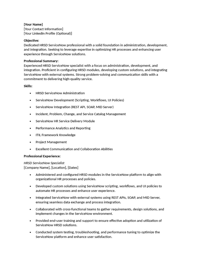 HRSD ServiceNow Resume Sample | PDF | System | Information Technology ...