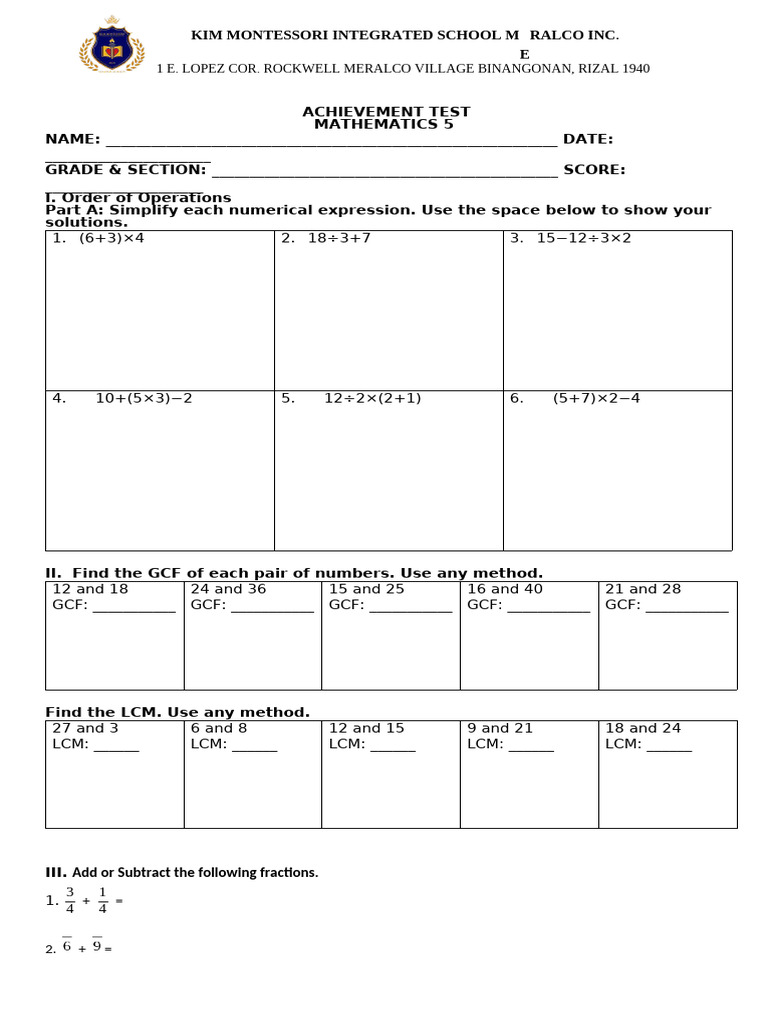 Mathematics Achievement Test for Grade 5 | PDF | Numbers | Elementary ...