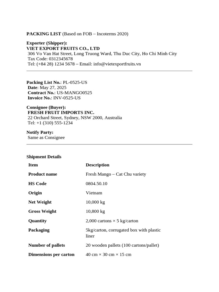 Fresh Mango Packing List - FOB 2020 | PDF