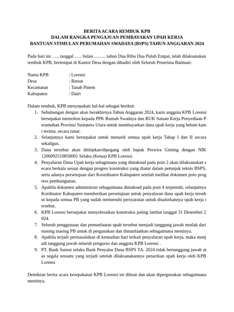 Rembuk KPB Lorensi: Pembayaran Upah BSPS 2024 | PDF