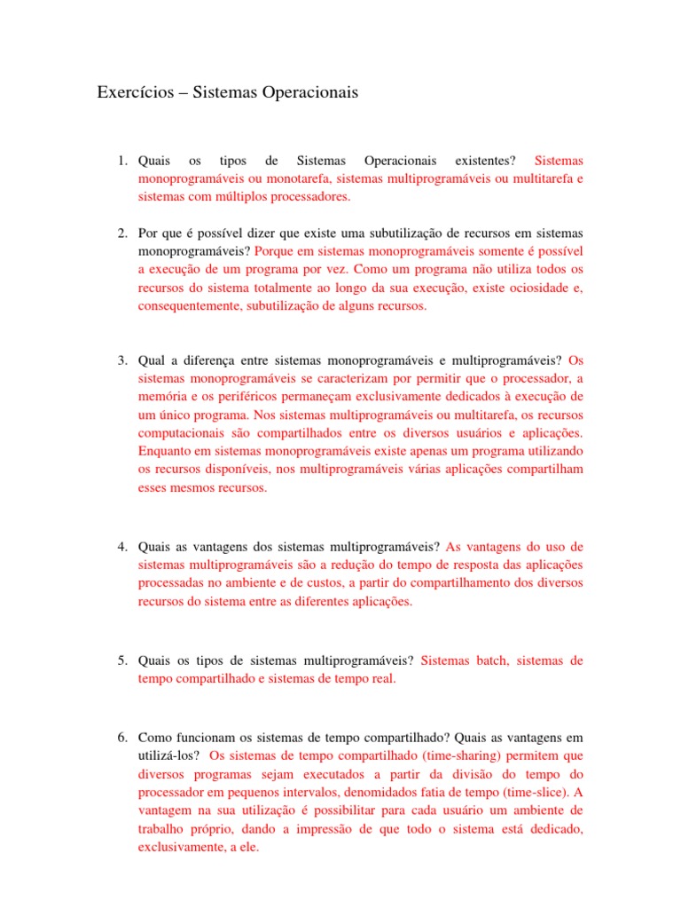Exercícios Tipos De Sistemas Operacionais Pdf Sistema Operacional