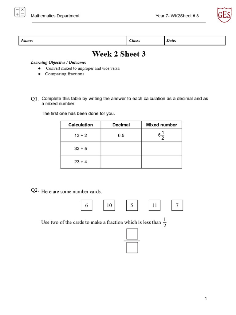 Week 2 Sheet 3 Revision Yr7 Fractions | PDF