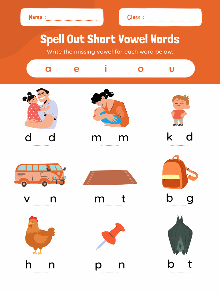 Colorful Illustrative Write The Missing Vowel Worksheet | PDF