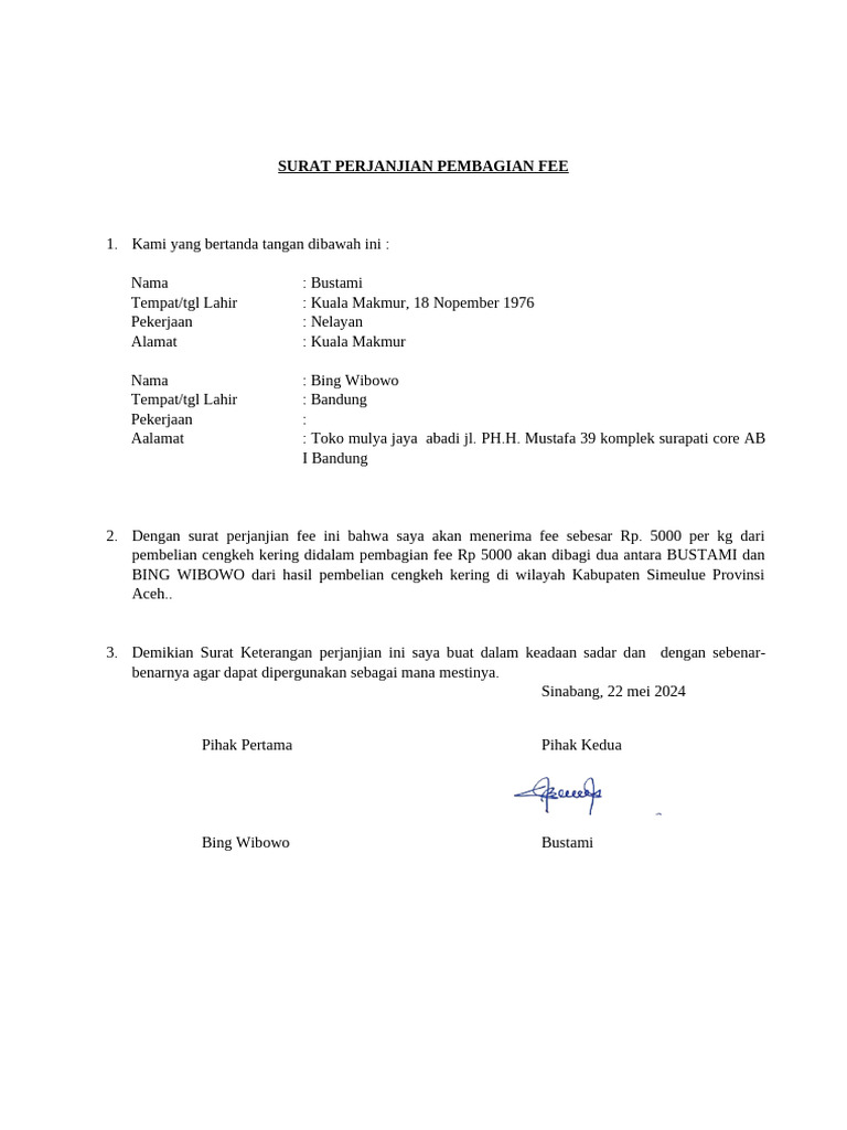 SURAT Perjanjian Pembagian Fee | PDF