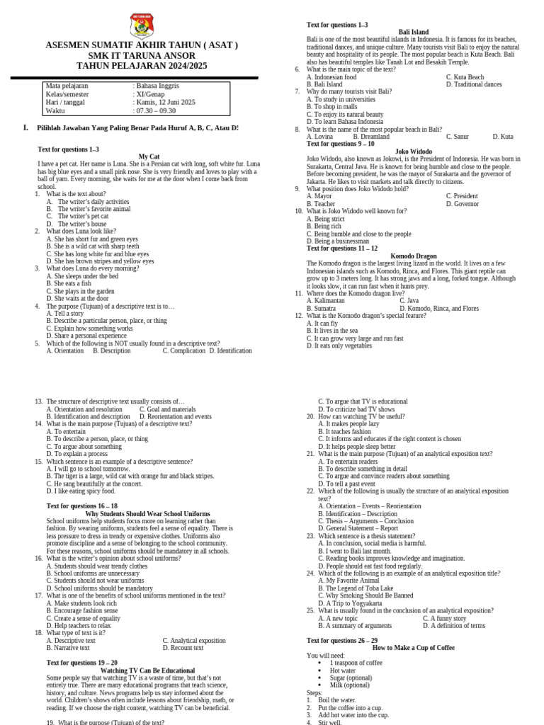 Soal Asat SMK B.inggris Kelas Xi | PDF | Komodo Dragon | Bali