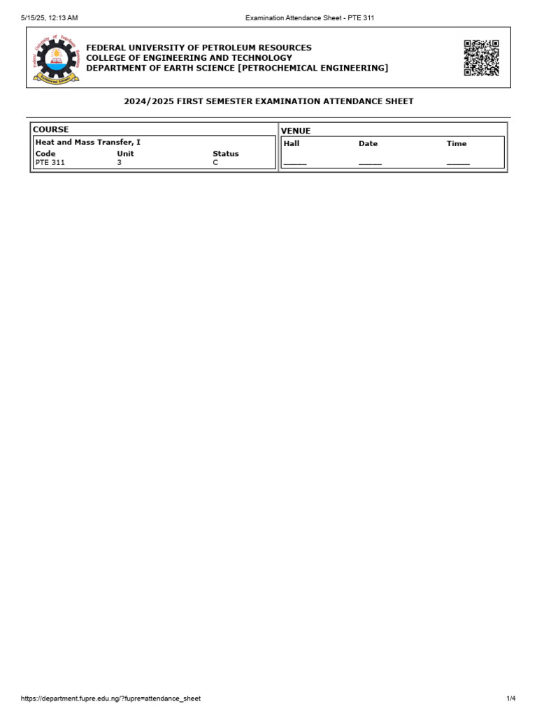 PTE 311 Exam Attendance Sheet 2024 | PDF