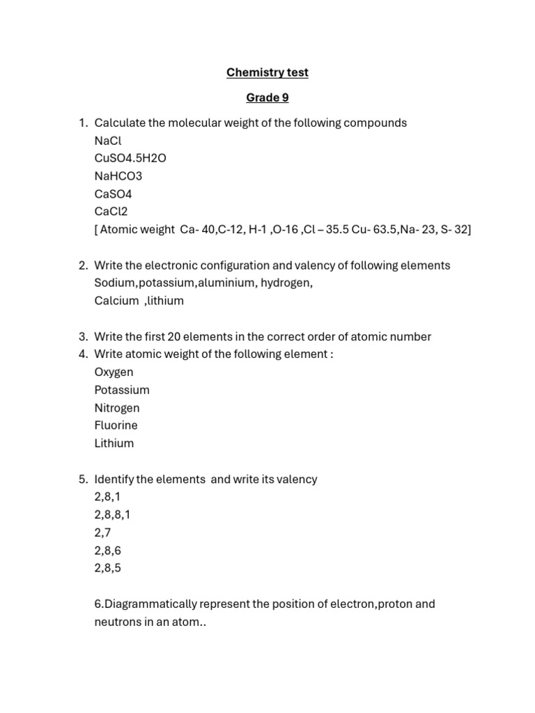 Grade 9 Chemistry Test Overview | PDF
