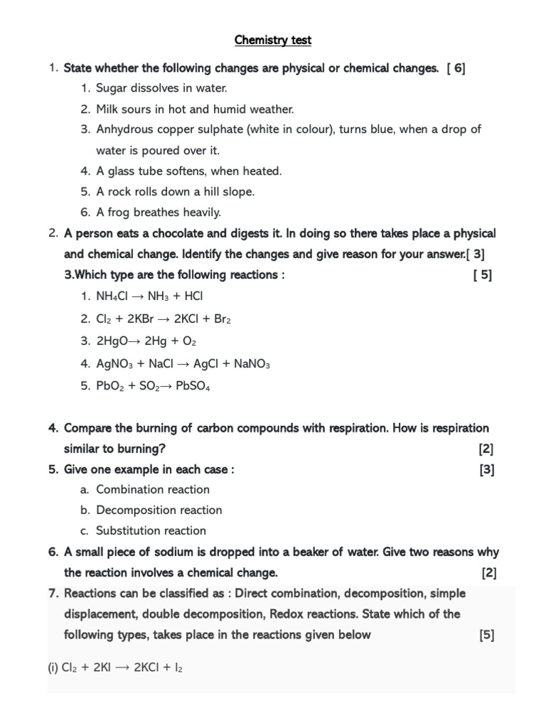 Chemistry Test: Physical & Chemical Changes | PDF