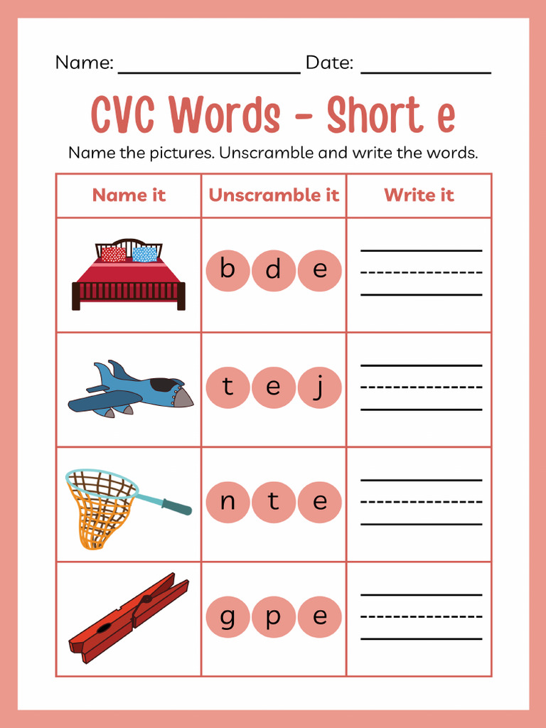 CVC Short Vowel e Worksheet for Kindergarten Reading | PDF