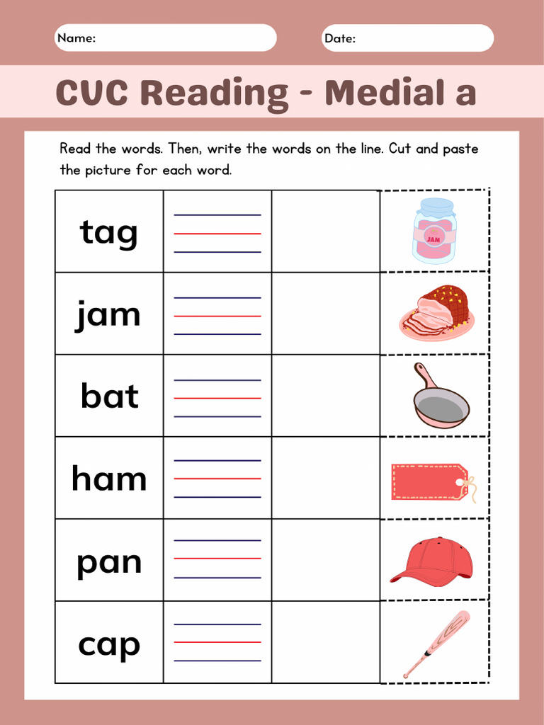 Monochromatic Illustrative CVC Reading Worksheet | PDF