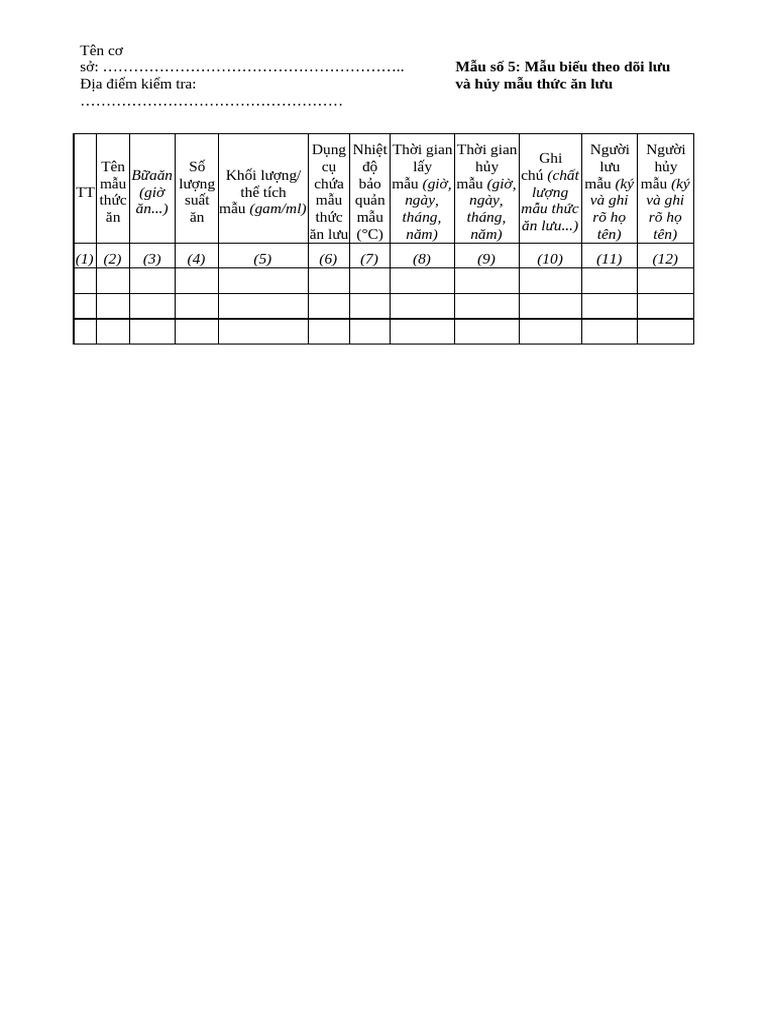 Mau So 5 Mau Bieu Theo Doi Luu Va Huy Mau Thuc An Luu | PDF
