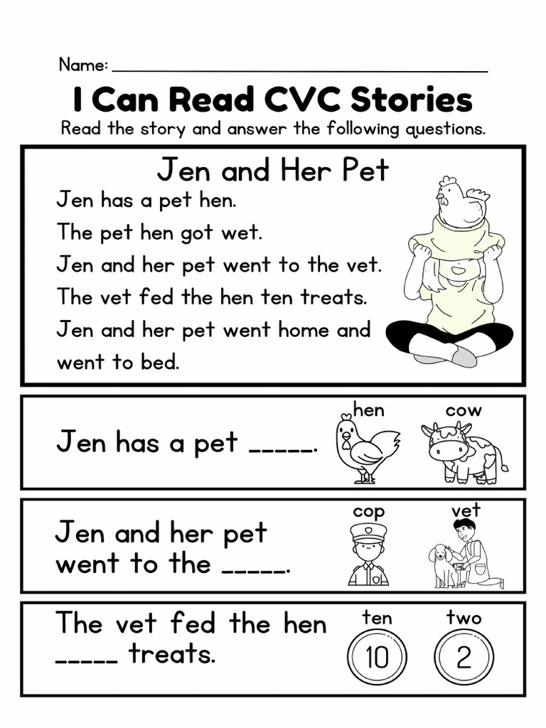 Short E #1 CVC Stories Reading Comprehension English Worksheet | PDF
