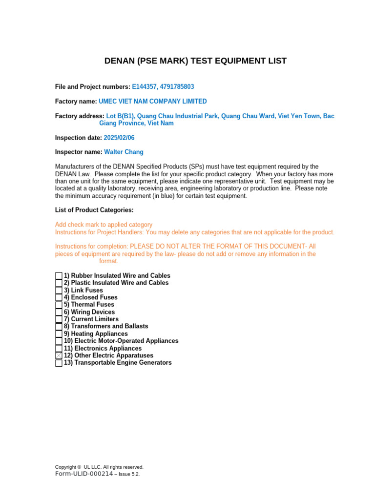 Test Equipment List (UMEC_Viet Nam) _0219 | PDF | Equipment | Electronics