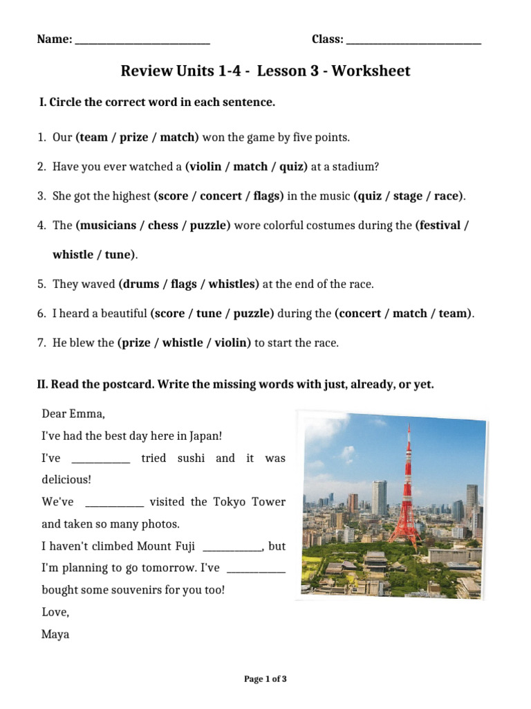 PU4 Review Units 1-4 - Lesson 3 - Worksheet 1 | PDF