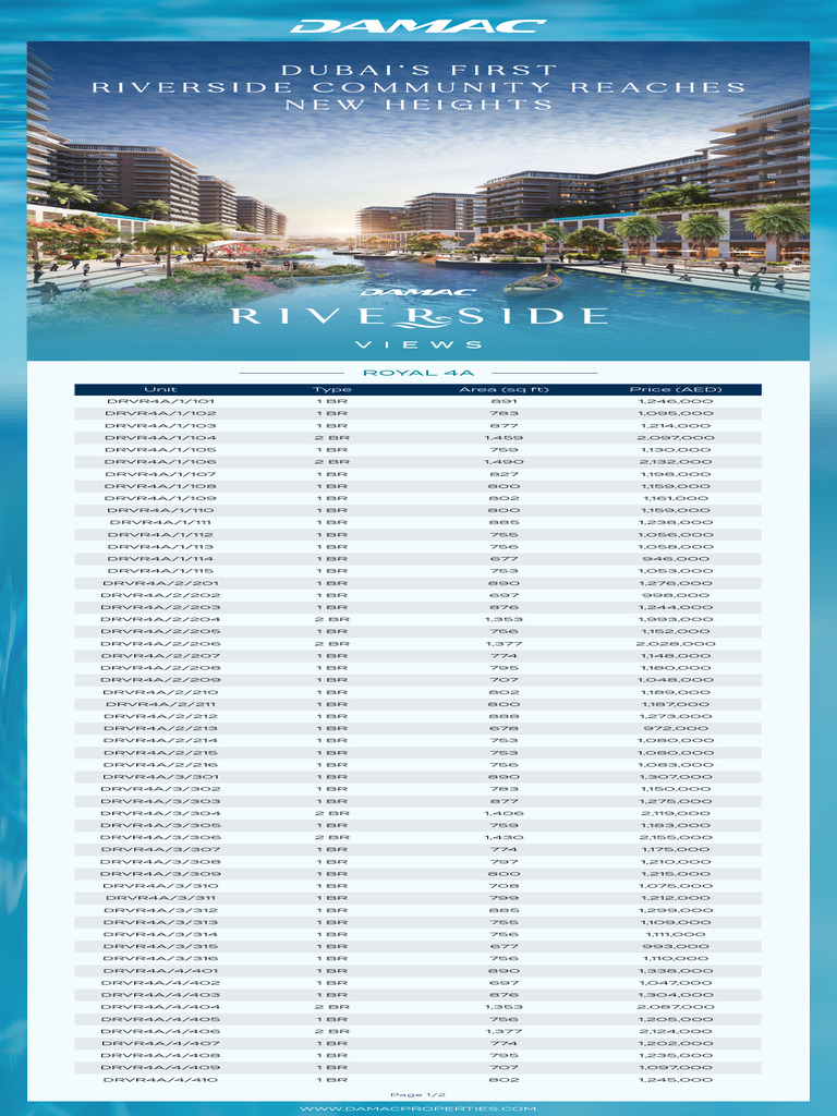 Damac Riverside Views - Price List - Royal 4a | PDF