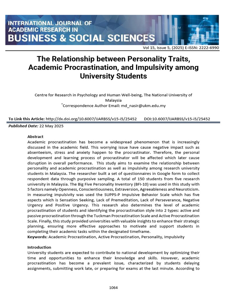 The Relationship Between Personality Traits Academic Procrastination and Impulsivity Among ...