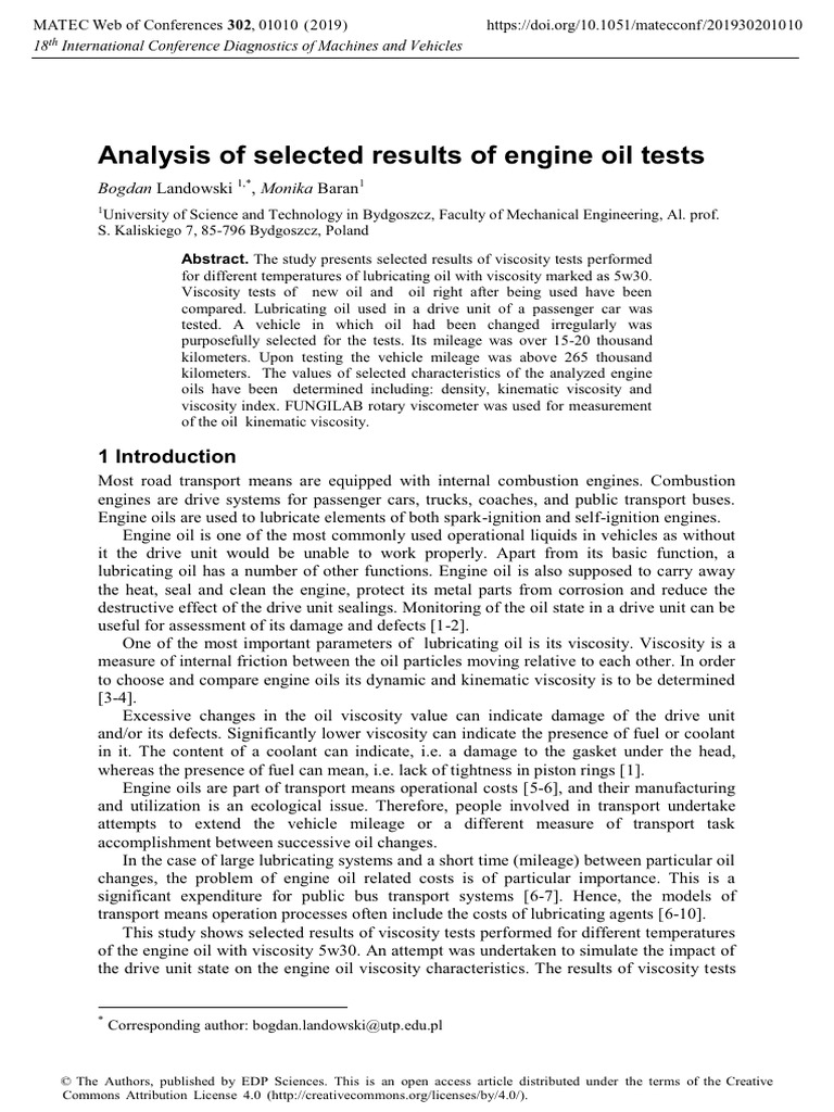 Analysis of Selected Results of Engine Oil Tests | PDF | Motor Oil ...