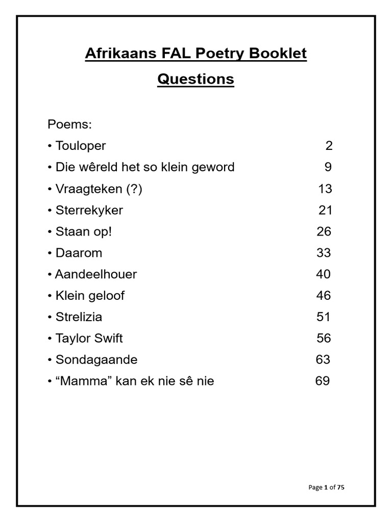 IEB Afrikaans FAL Poetry Booklet Questions | PDF