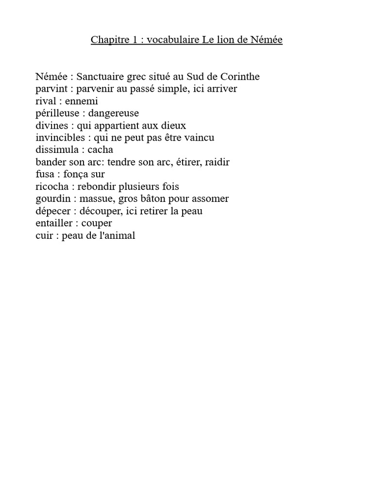 Vocabulaire du Lion de Némée | PDF