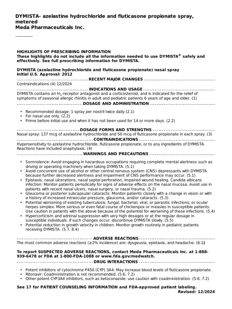 DYMISTA-azelastine Hydrochloride and Fluticasone Propionate Spray ...