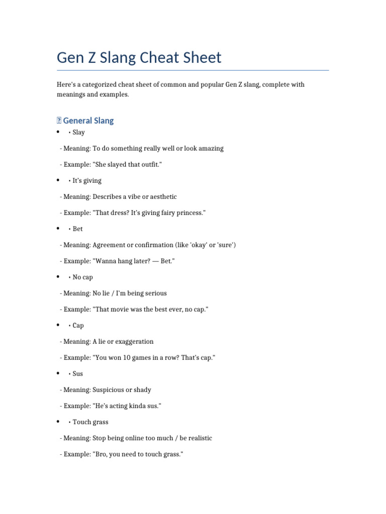 Gen Z Slang Cheat Sheet Overview | PDF