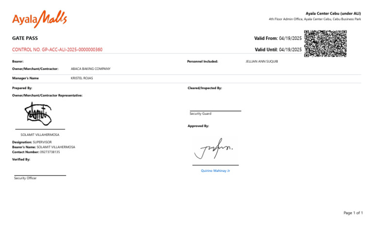 Ayala Center Cebu Gate Pass Document | PDF