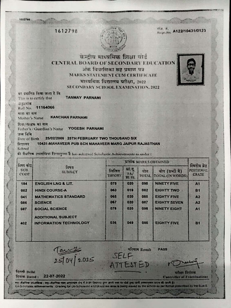 10th Marksheet (2022) - Tanmay Parnami | PDF