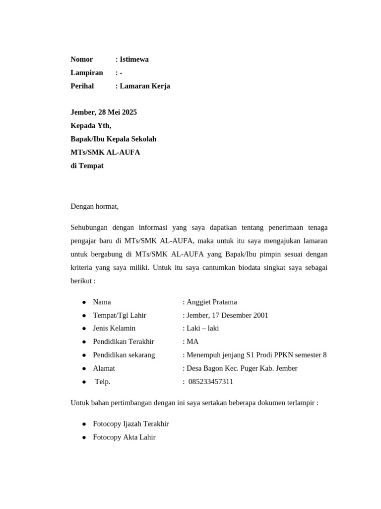 Surat Lamaran Fix | PDF