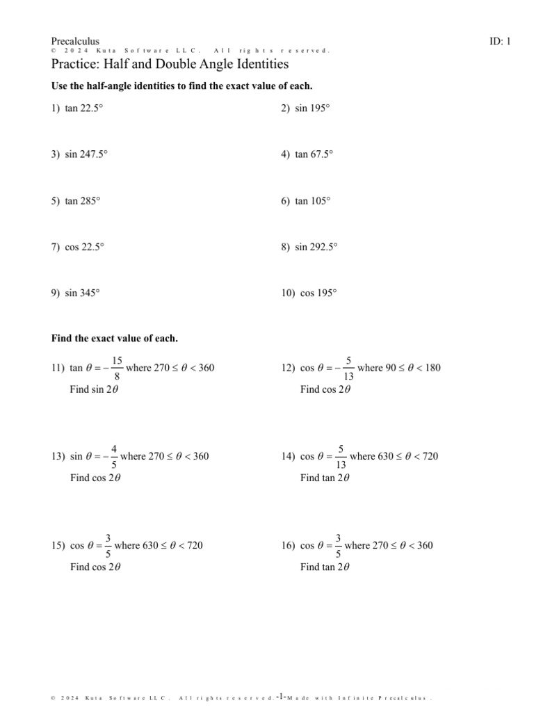 Precalculus Half & Double Angle Identities Worksheet | PDF ...