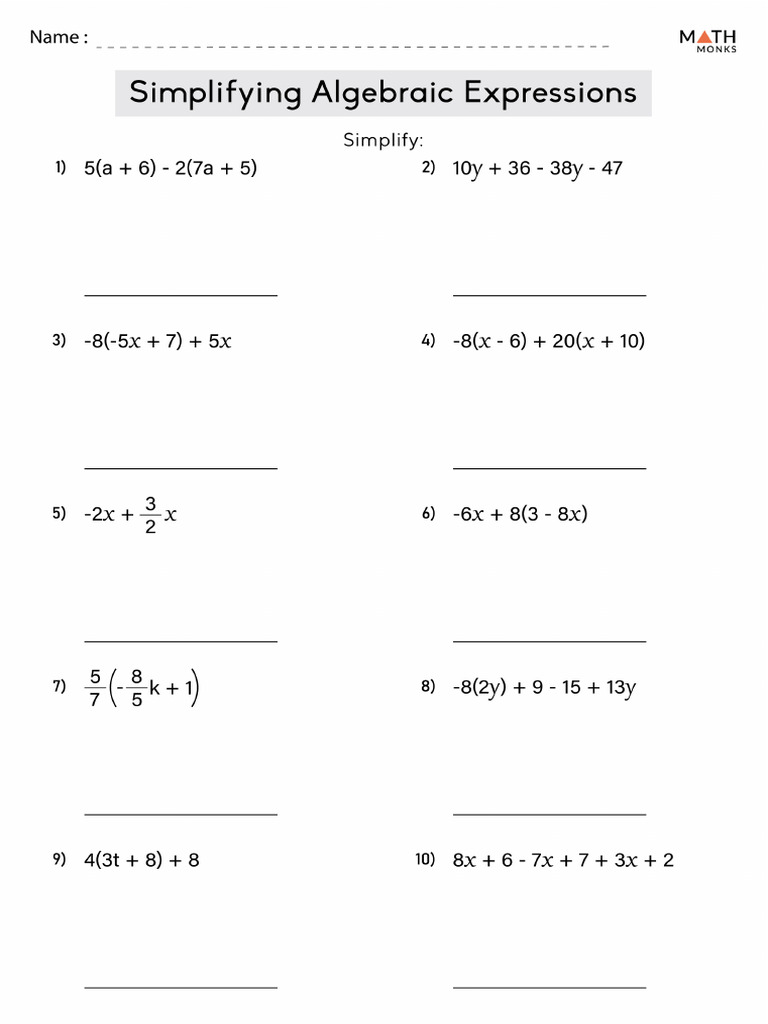 Worksheet Simplifying Algebraic Expressions | PDF