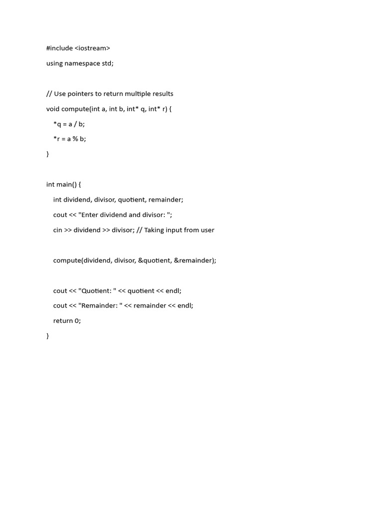 C++ Program To Find Quotient and Remainder Using Pointers | PDF